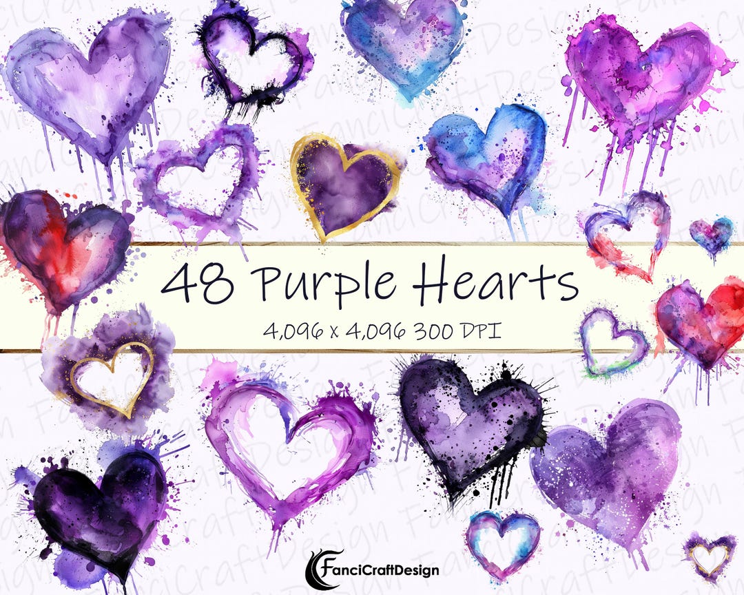 48 Purple Heart Paint Splatter Splash Watercolor Clipart Heart Pack PNG ...
