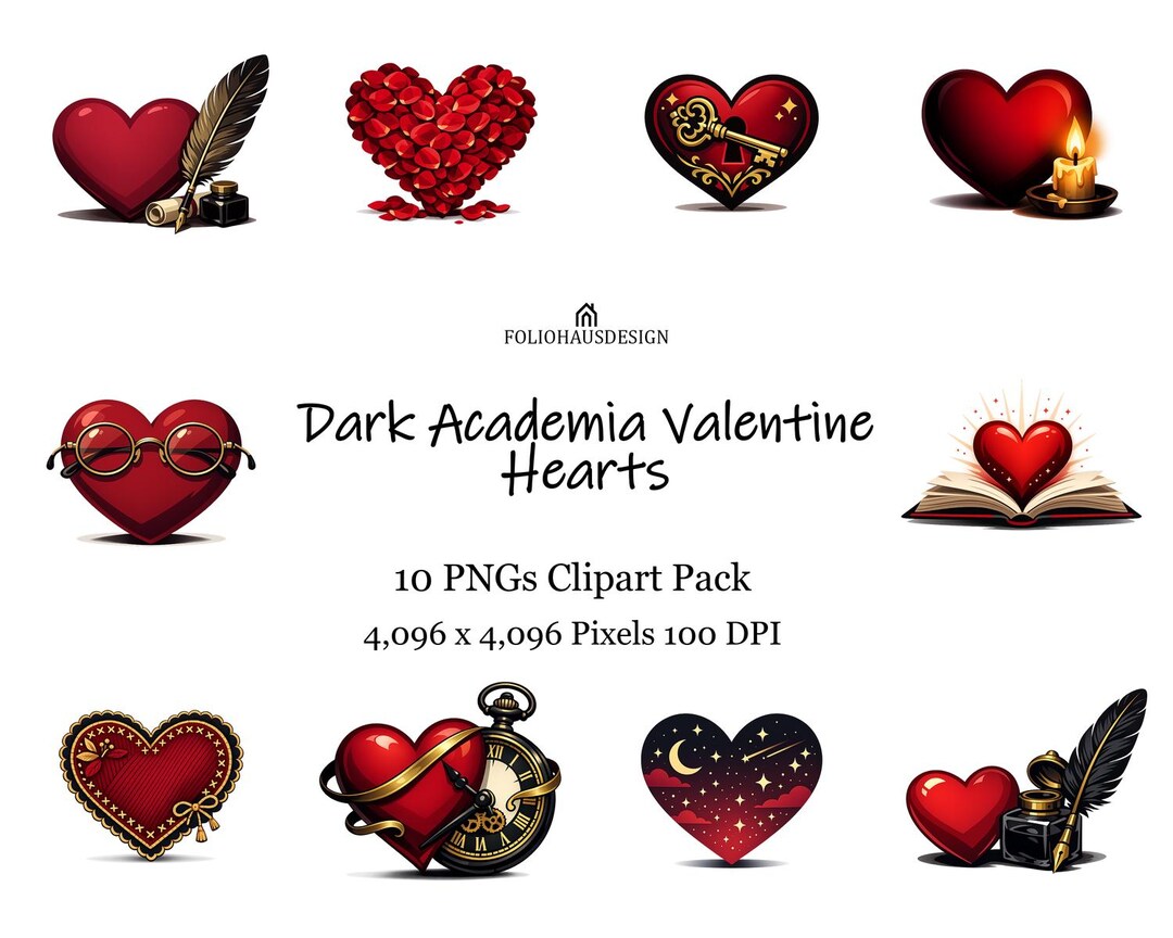 Dark Academia Valentine Hearts Clipart Set | 10 PNG | Transparent ...