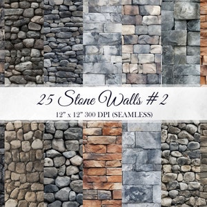 25 Stone Wall Digital Paper Pack Seamless Cobblestone Rustic Brick ...