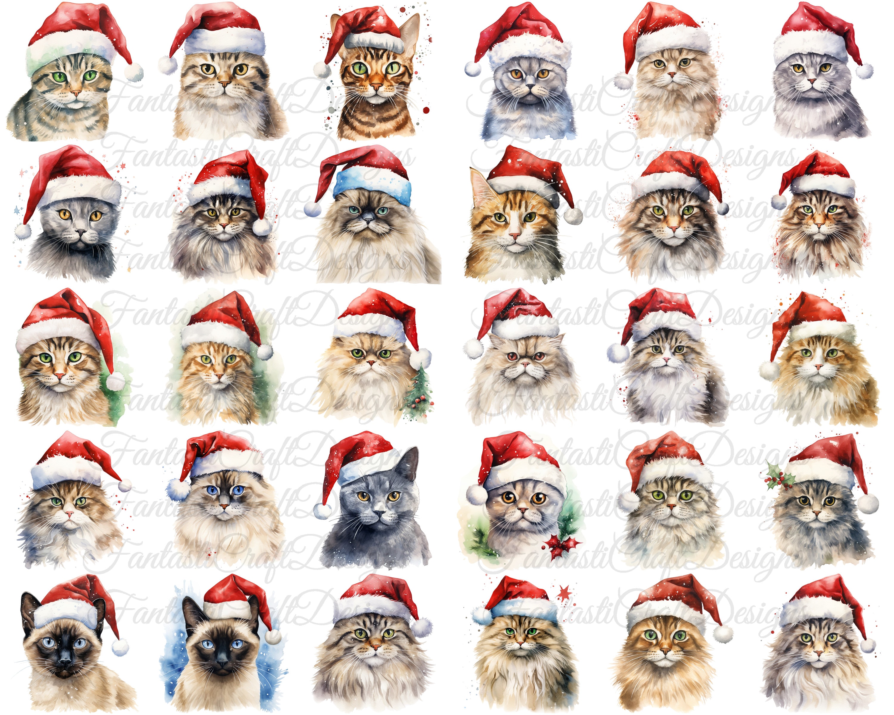 30 Christmas Cat Cute Watercolor Clipart Pack PNG Digital Download 300 ...