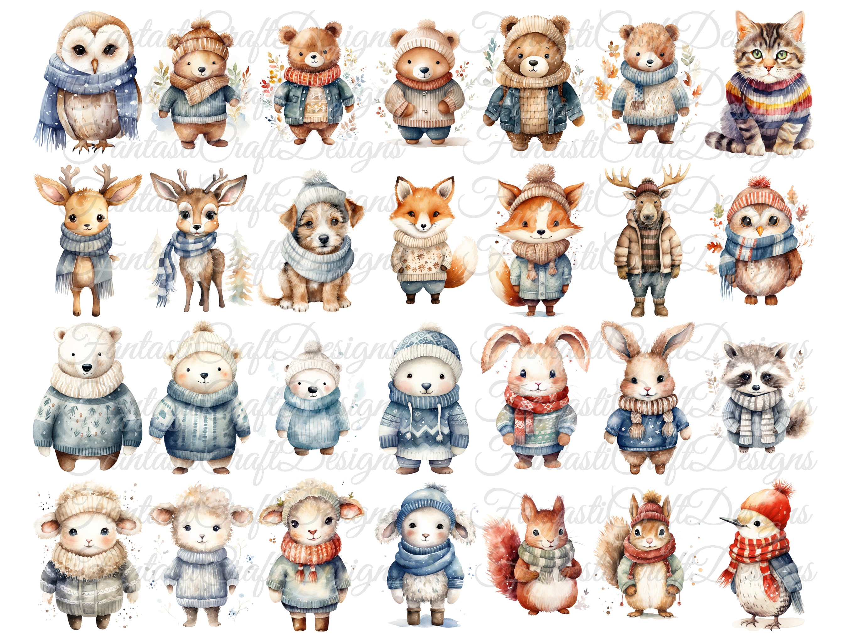 28 Cute Winter Animal Watercolor Clipart Pack PNG Digital Download 300 ...
