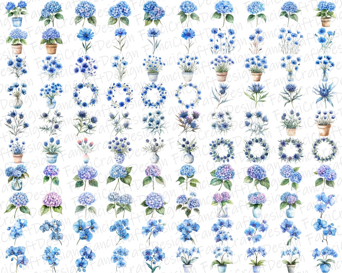 Blue Flowers 100 Floral Clipart Pack Watercolor Printable PNG Digital ...