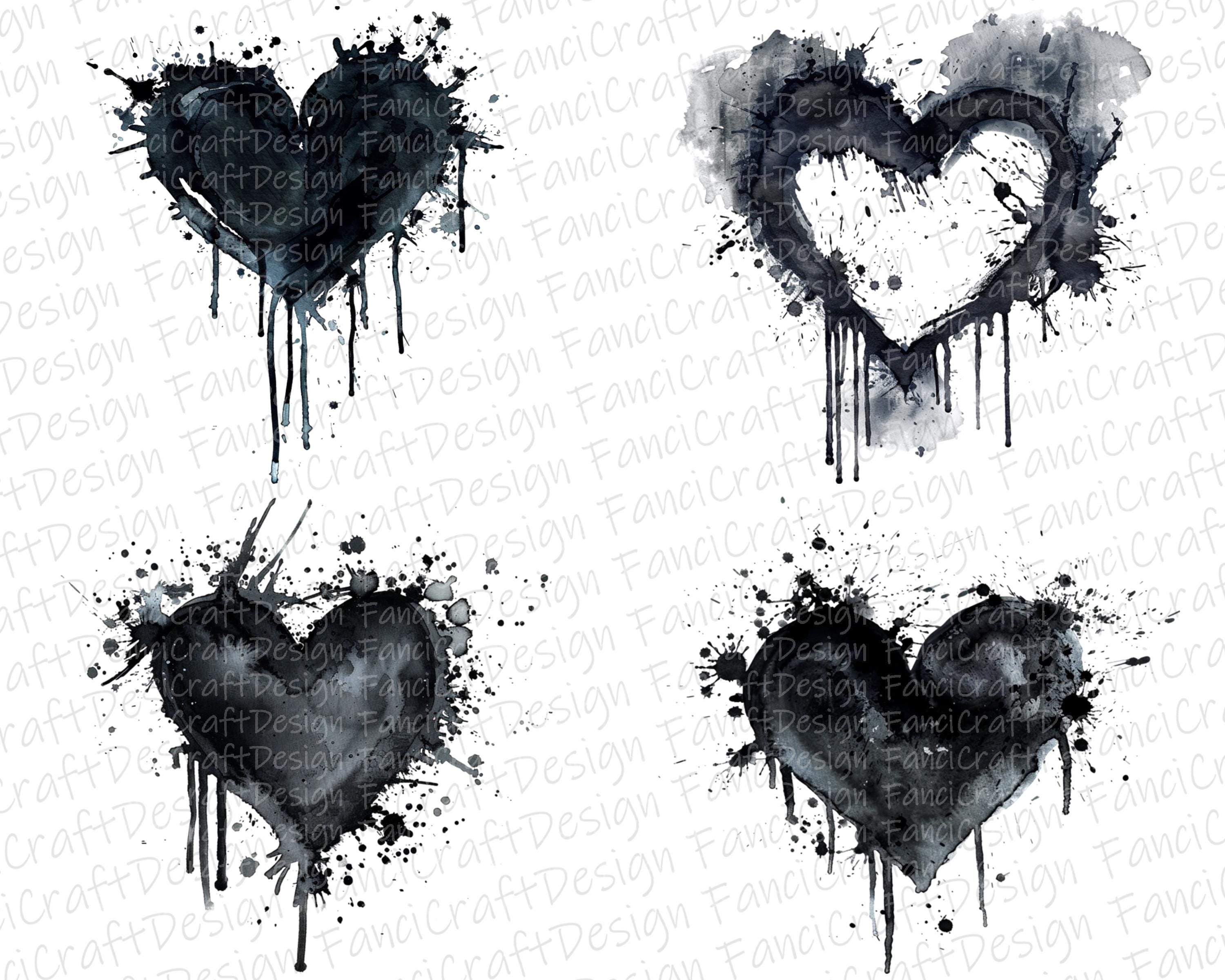 Black Hearts Paint Splatter Splash Watercolor Clipart Heart 24 Pack PNG ...