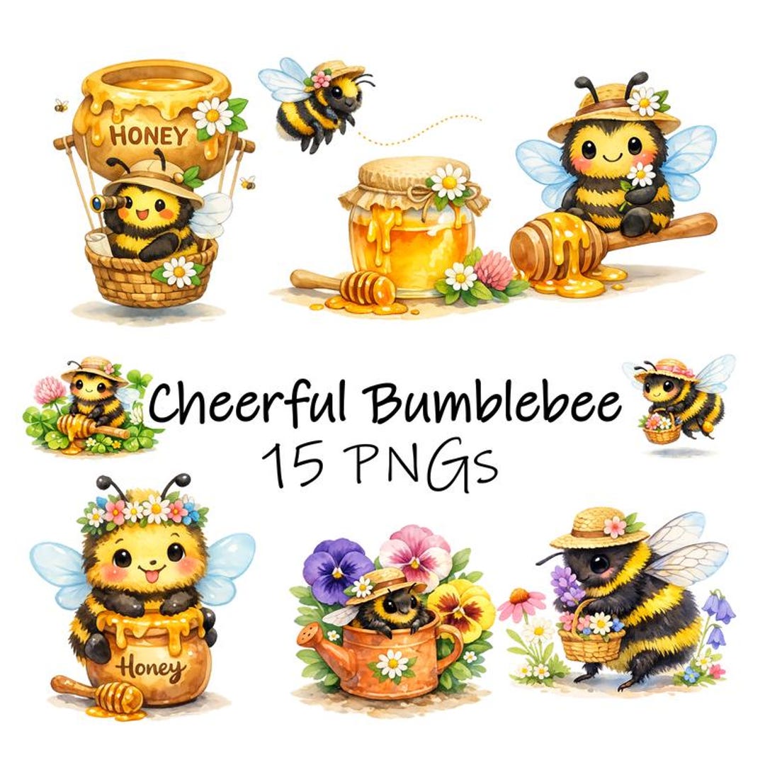 Cheerful Bumblebee Watercolor Collection | 15 PNG | Transparent ...