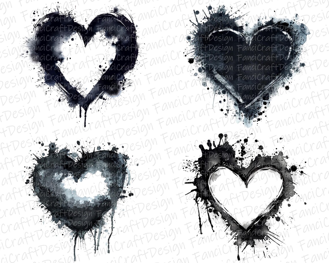 Black Hearts Paint Splatter Splash Watercolor Clipart Heart 24 Pack PNG ...