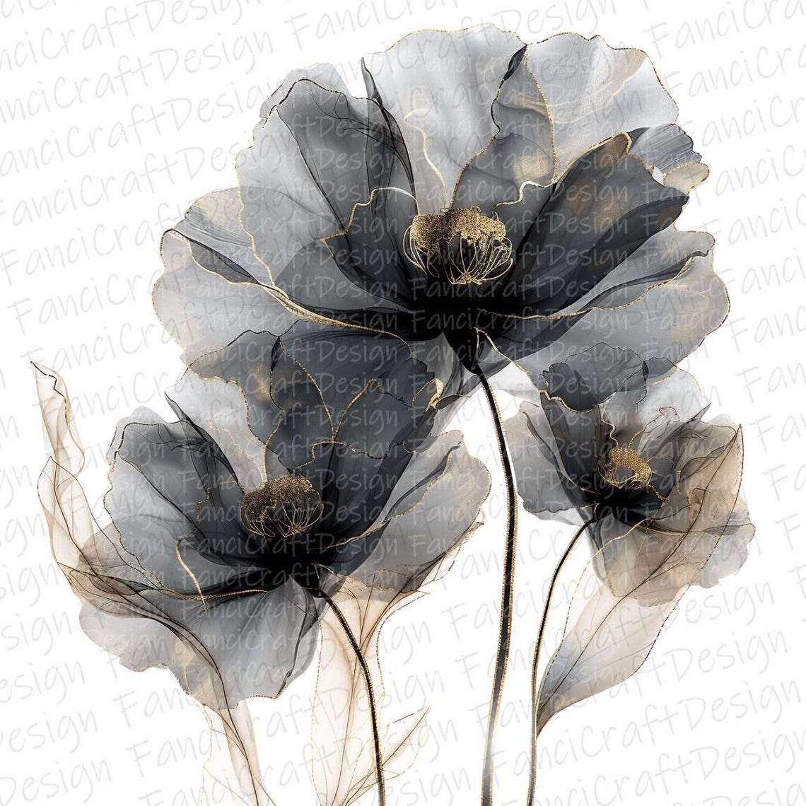 Black Translucent Flowers 18 Abstract Floral Clipart Watercolor ...