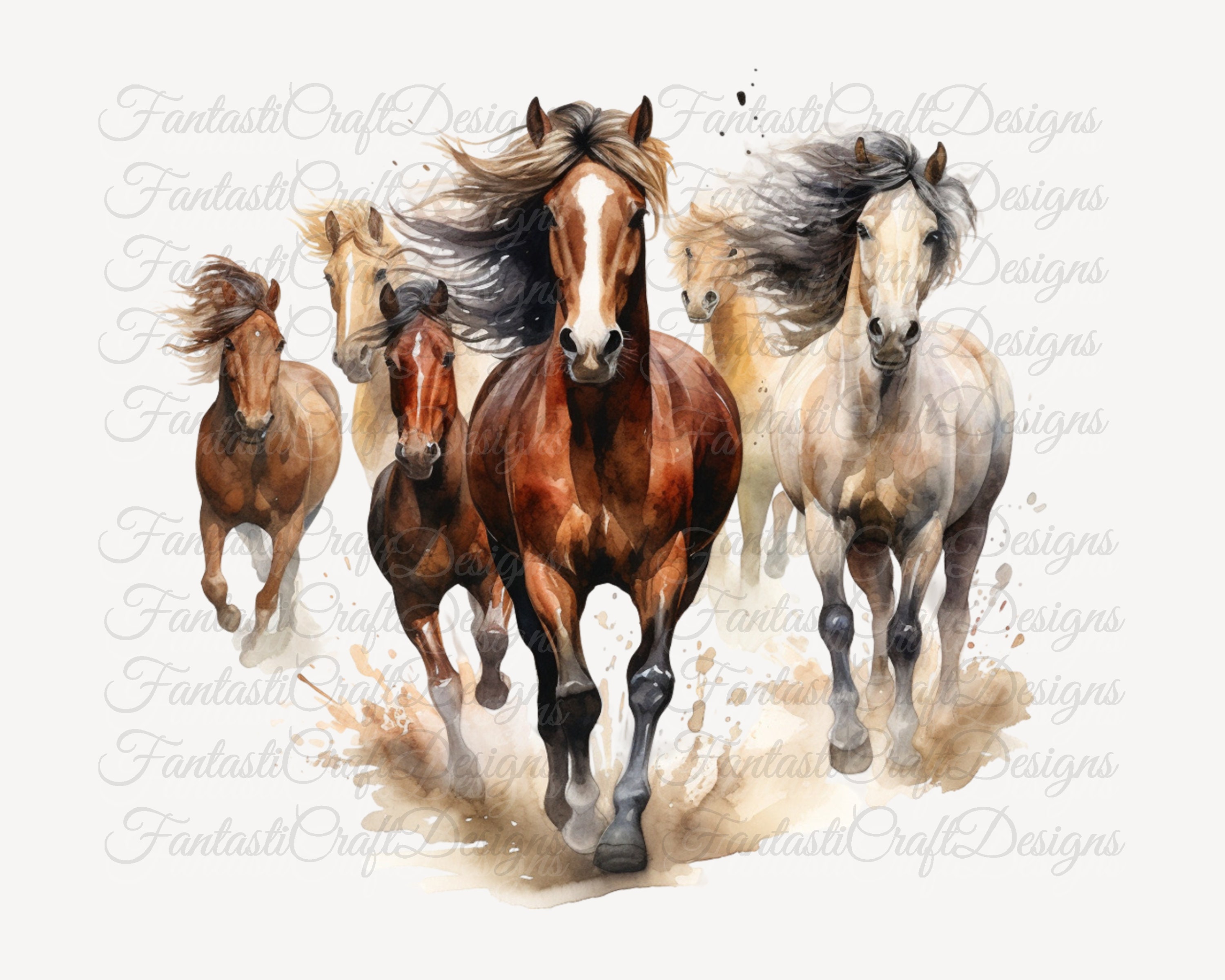 12 Horses Horse Herd Pony Animal Watercolor Clipart Printable PNG JPG ...