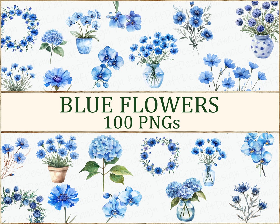Blue Flowers 100 Floral Clipart Pack Watercolor Printable PNG Digital ...