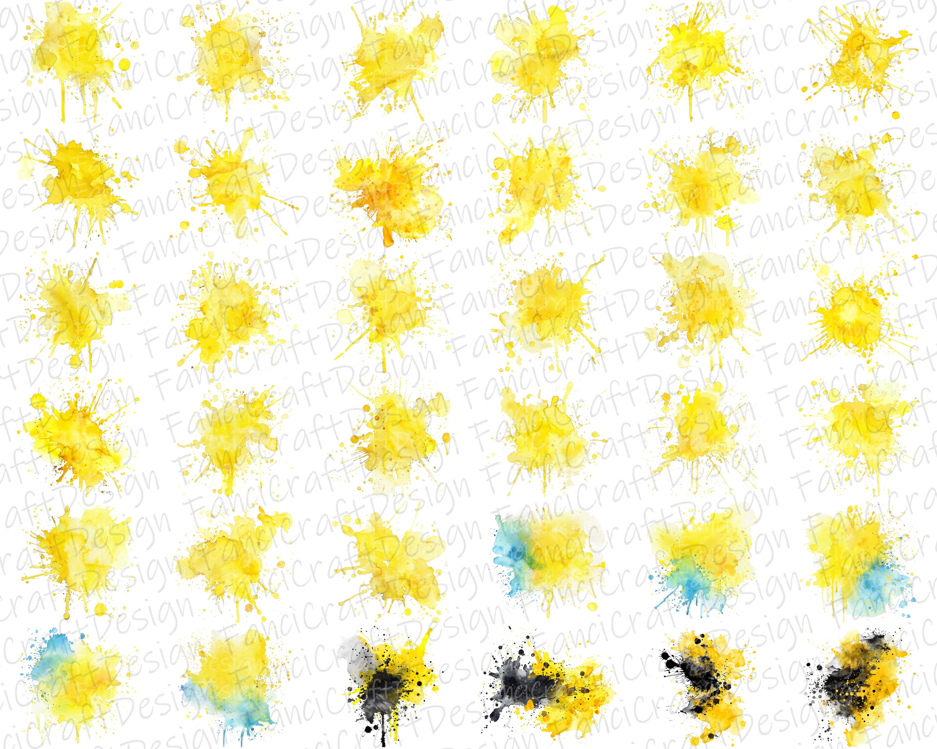36 Yellow Paint Splatter Splashes Watercolor Clipart Splotches Pack PNG ...
