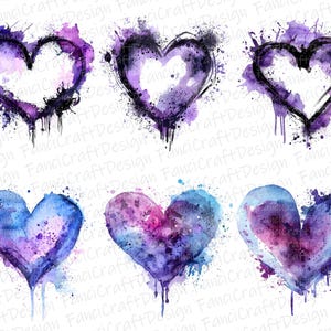 48 Purple Heart Paint Splatter Splash Watercolor Clipart Heart Pack PNG ...