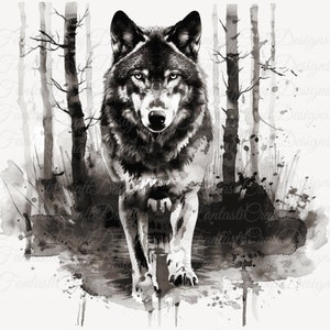 Wolf Forest Grayscale Animal Watercolor Clipart Wolves 12 Pack Art PNG ...