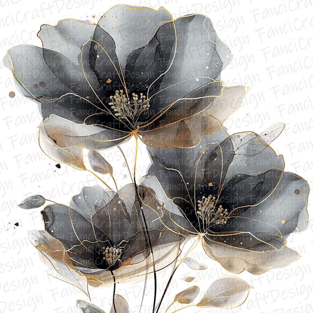 Black Translucent Flowers 18 Abstract Floral Clipart Watercolor ...
