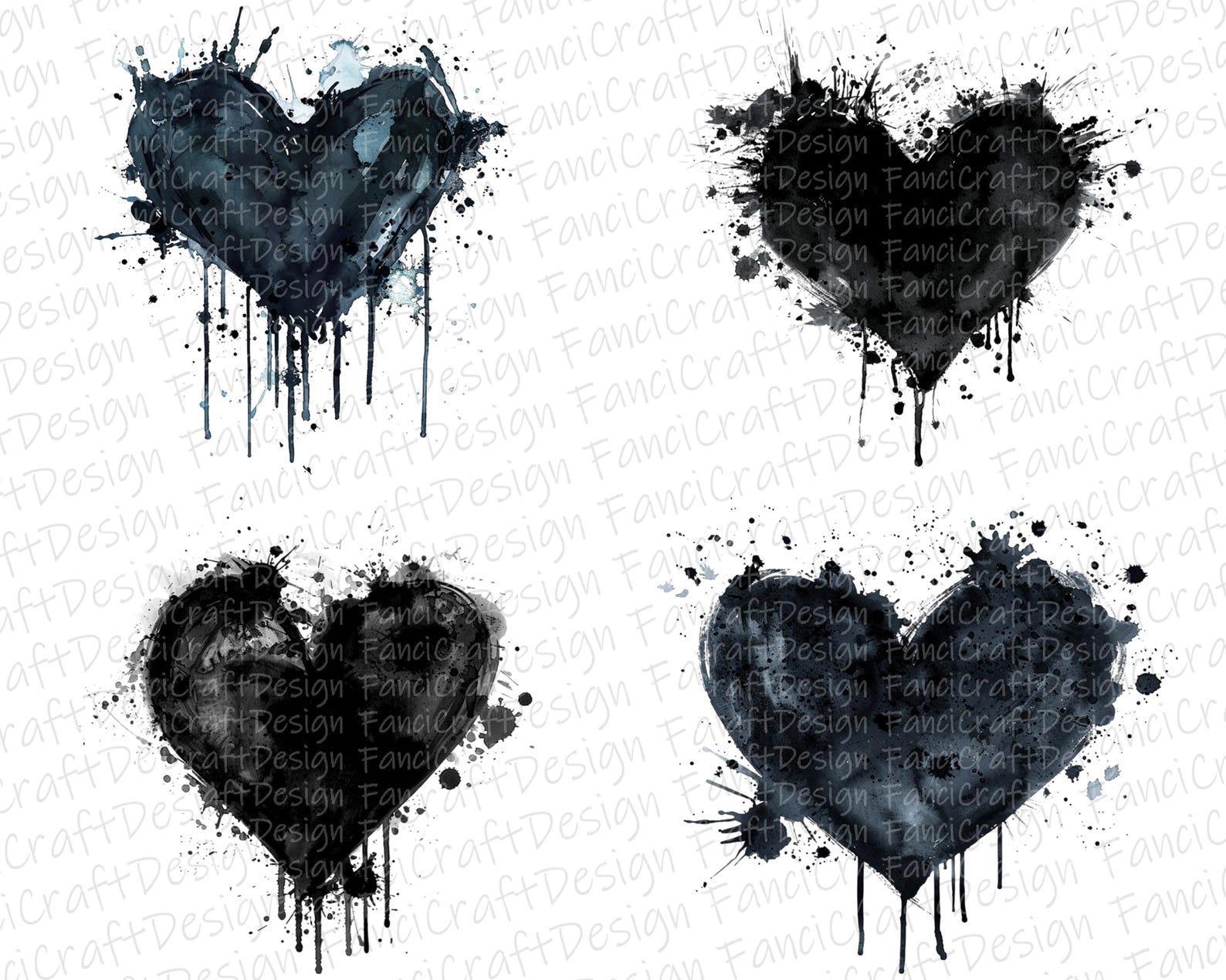 Black Hearts Paint Splatter Splash Watercolor Clipart Heart 24 Pack PNG ...