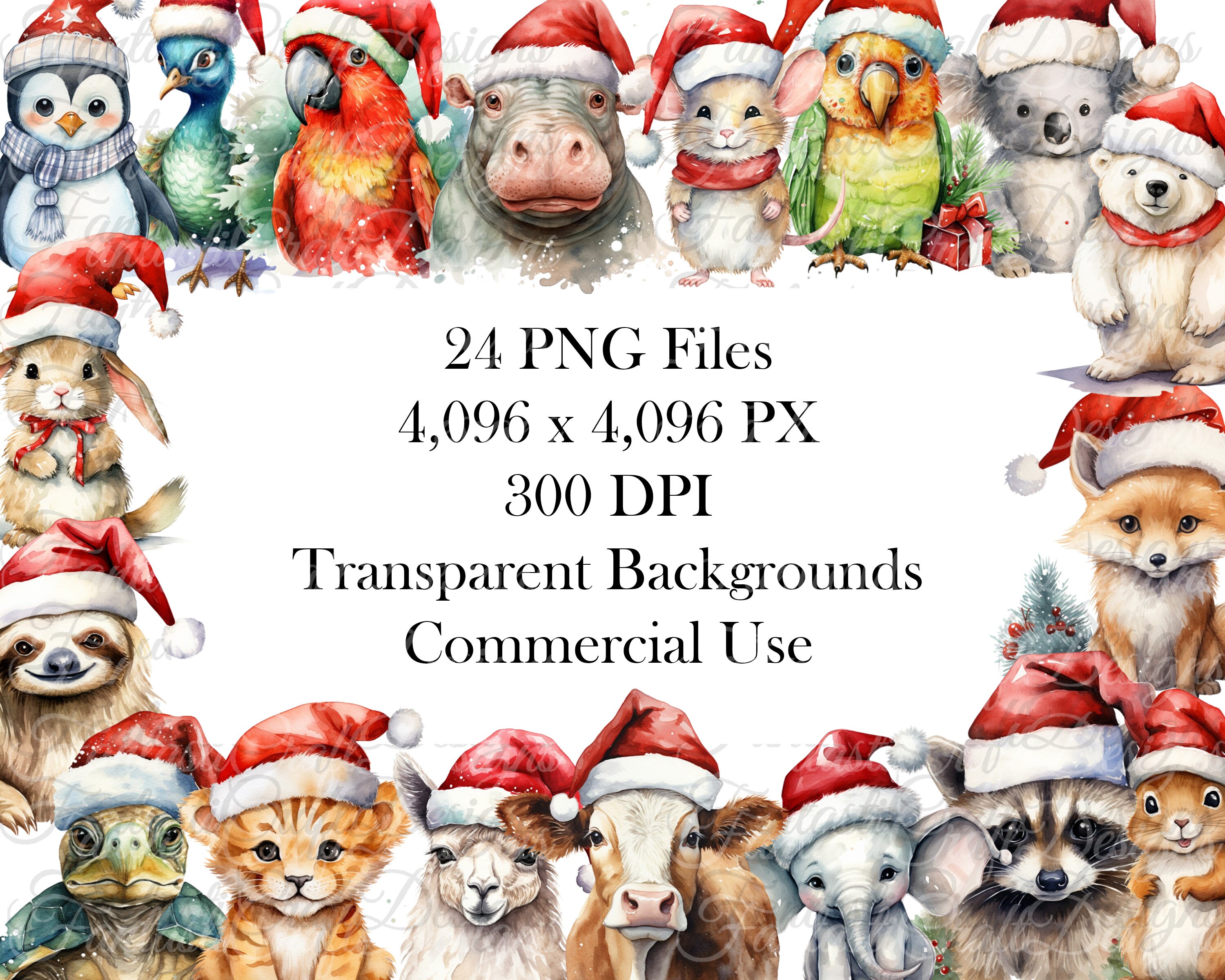 24 Christmas Animals Watercolor Clipart Pack PNG Digital - Etsy
