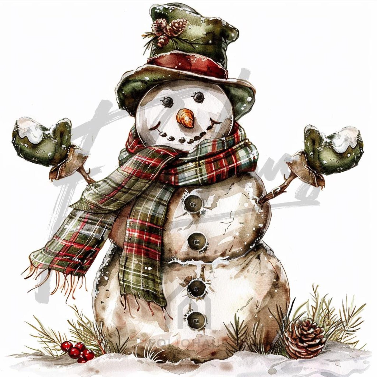 10 Vintage Christmas Snowman Clipart – Retro Watercolor, High-res Jpgs ...