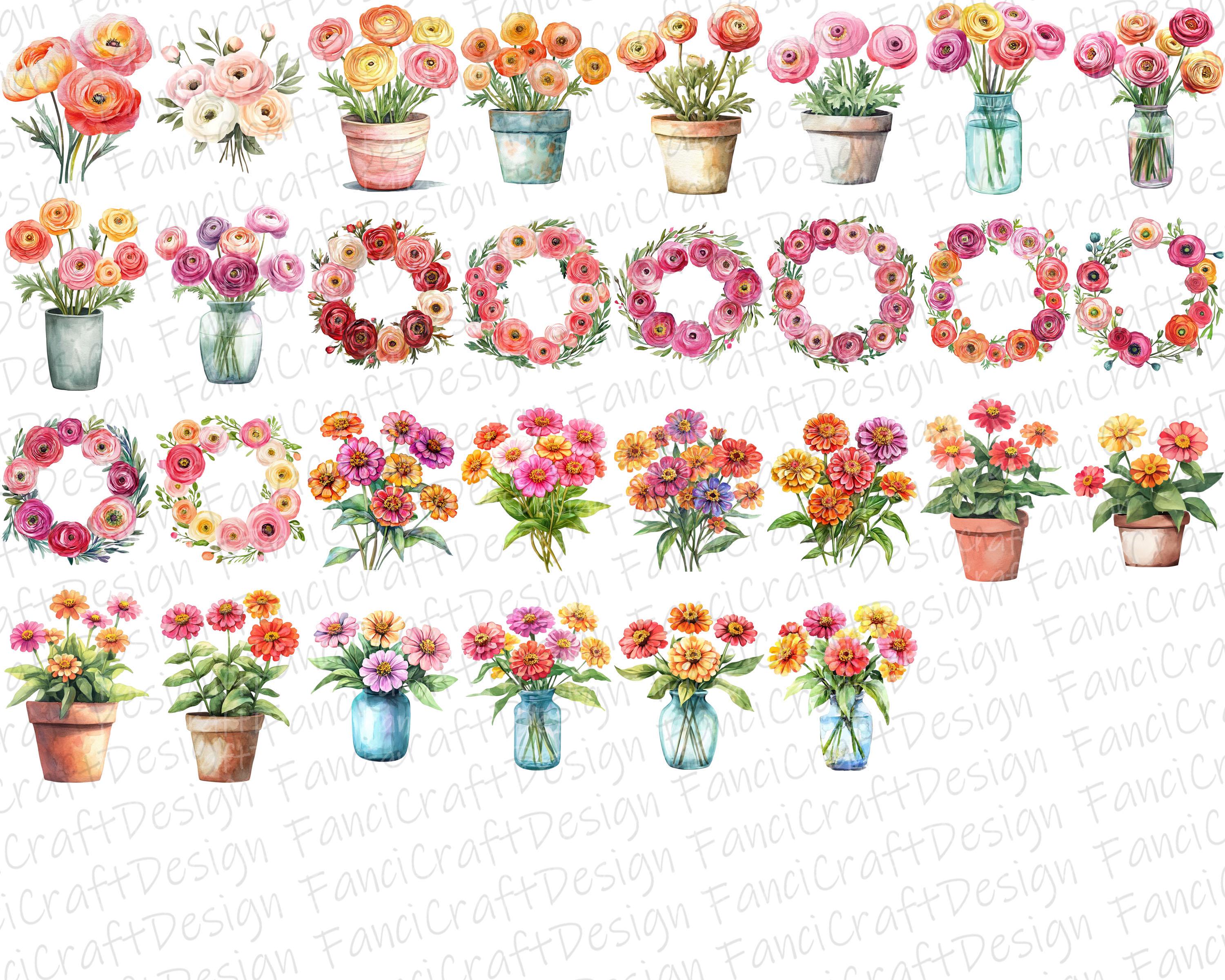 Pink Flower 270 Floral Clipart Pack Watercolor Printable PNG Digital ...