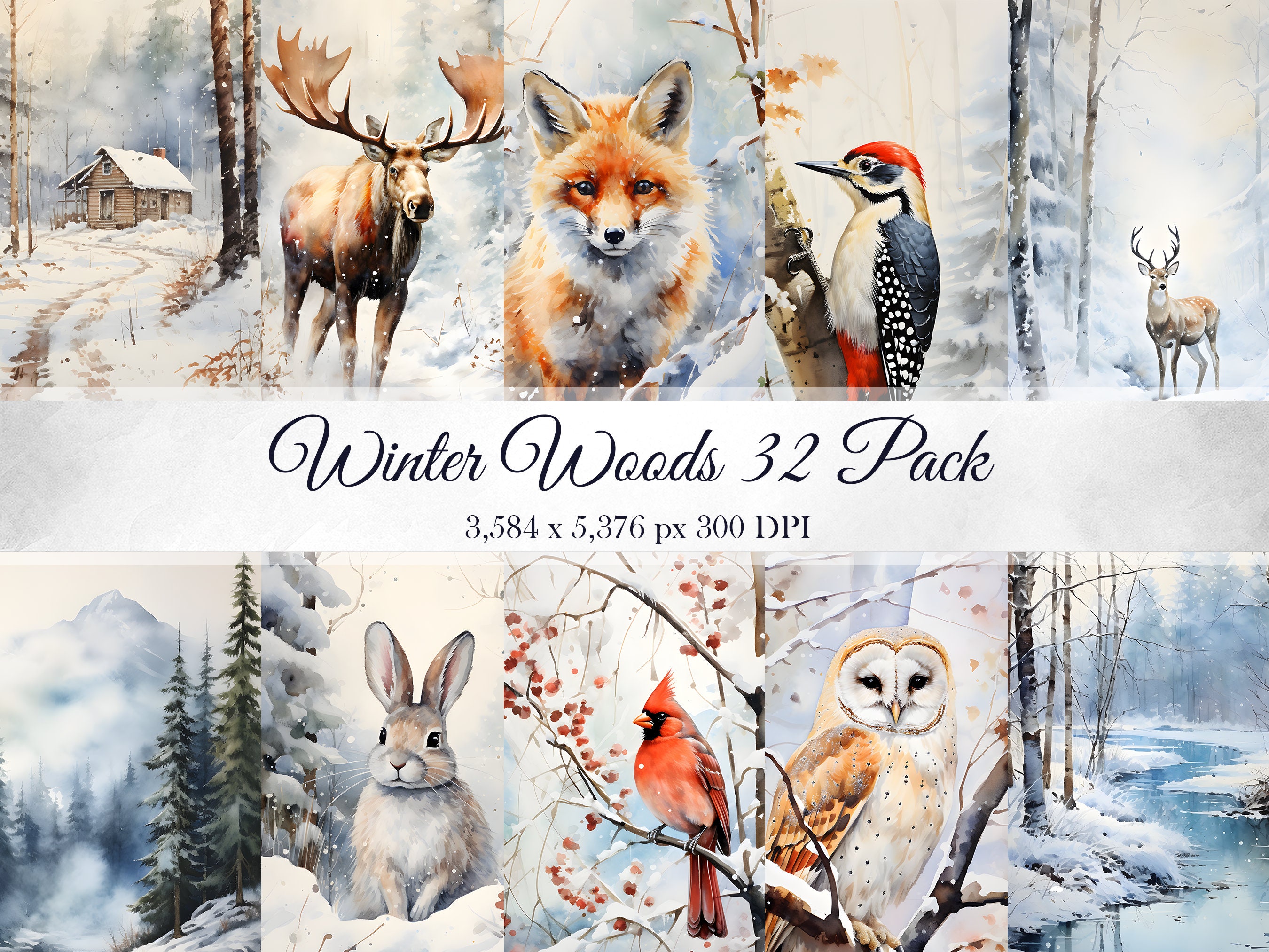 32 Winter Forest & Animals Watercolor Backgrounds Digital Paper Pack ...
