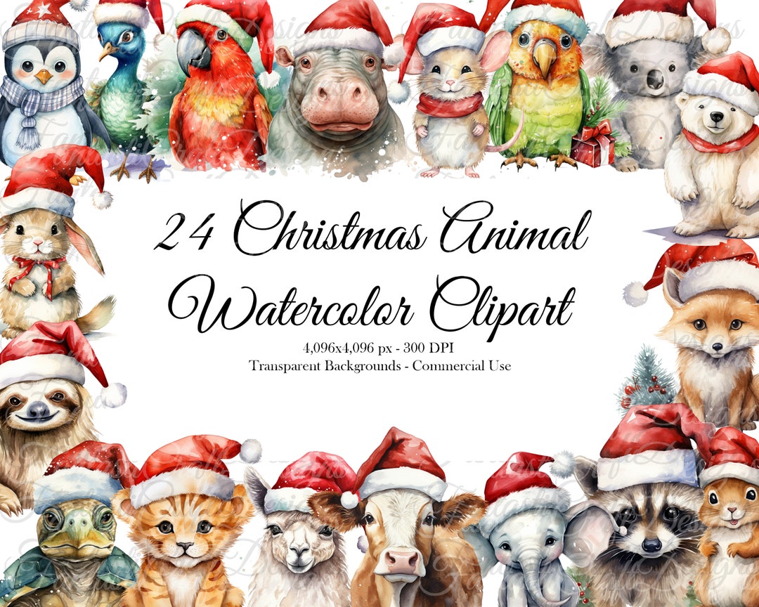 24 Christmas Animals Watercolor Clipart Pack PNG Digital Download ...