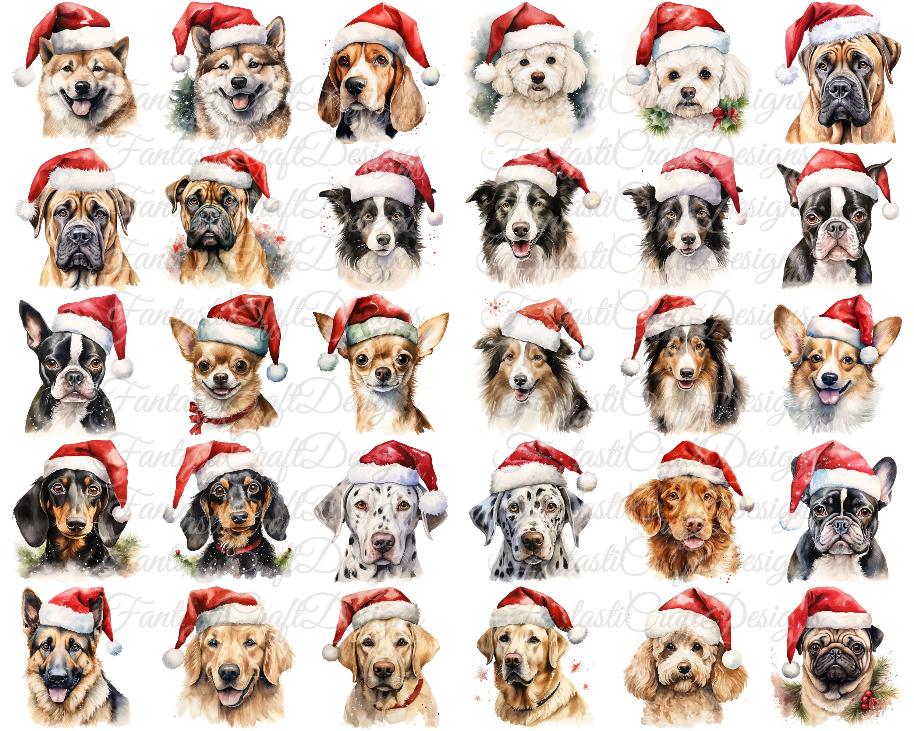 30 Christmas Dog Cute Watercolor Clipart Pack PNG Digital Download 300 ...