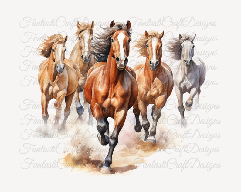 12 Horses Horse Herd Pony Animal Watercolor Clipart Printable PNG JPG ...