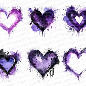 48 Purple Heart Paint Splatter Splash Watercolor Clipart Heart Pack PNG ...