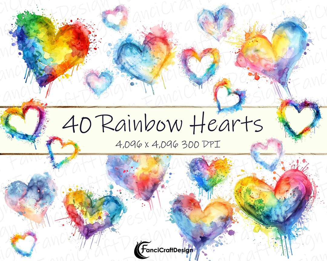 Rainbow Hearts Paint Splatter Splash Watercolor Clipart Heart Pack PNG ...