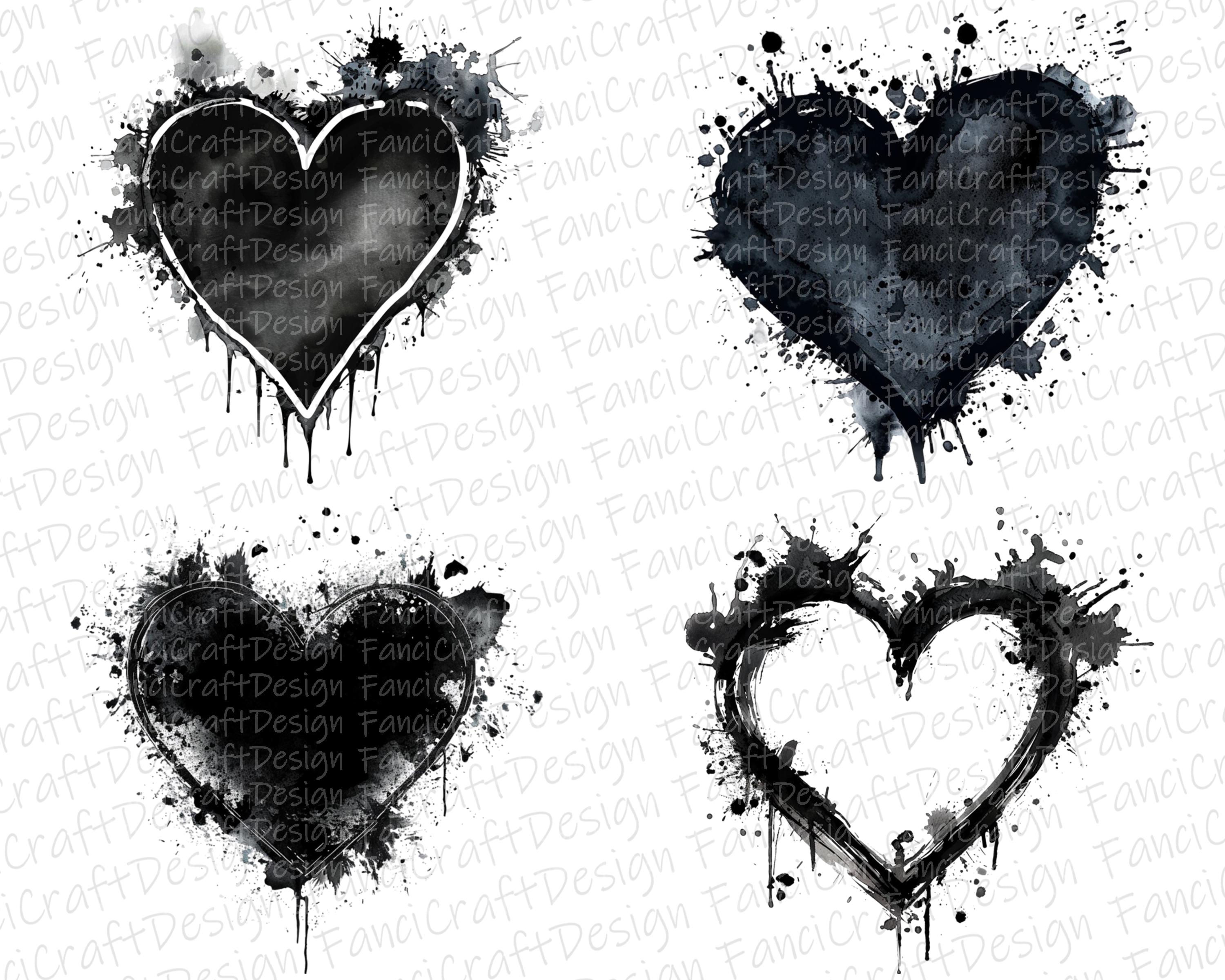 Black Hearts Paint Splatter Splash Watercolor Clipart Heart 24 Pack PNG ...
