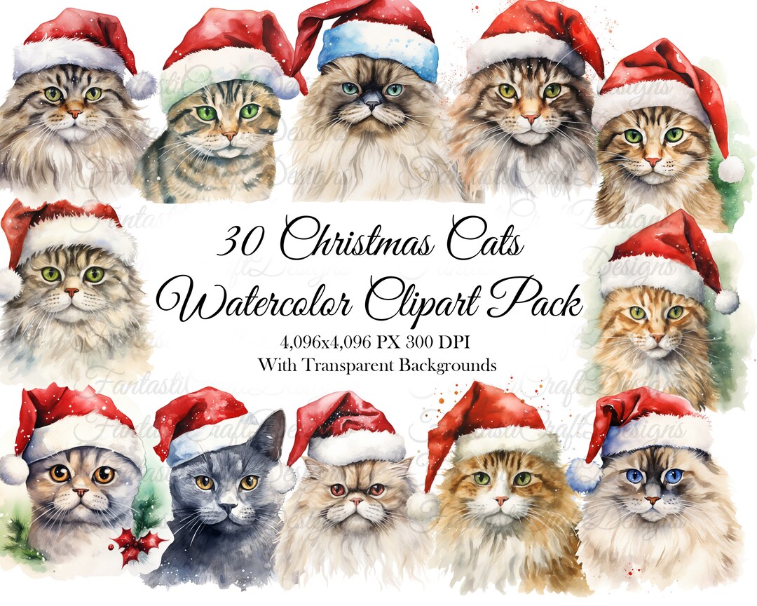 30 Christmas Cat Cute Watercolor Clipart Pack PNG Digital Download 300 ...