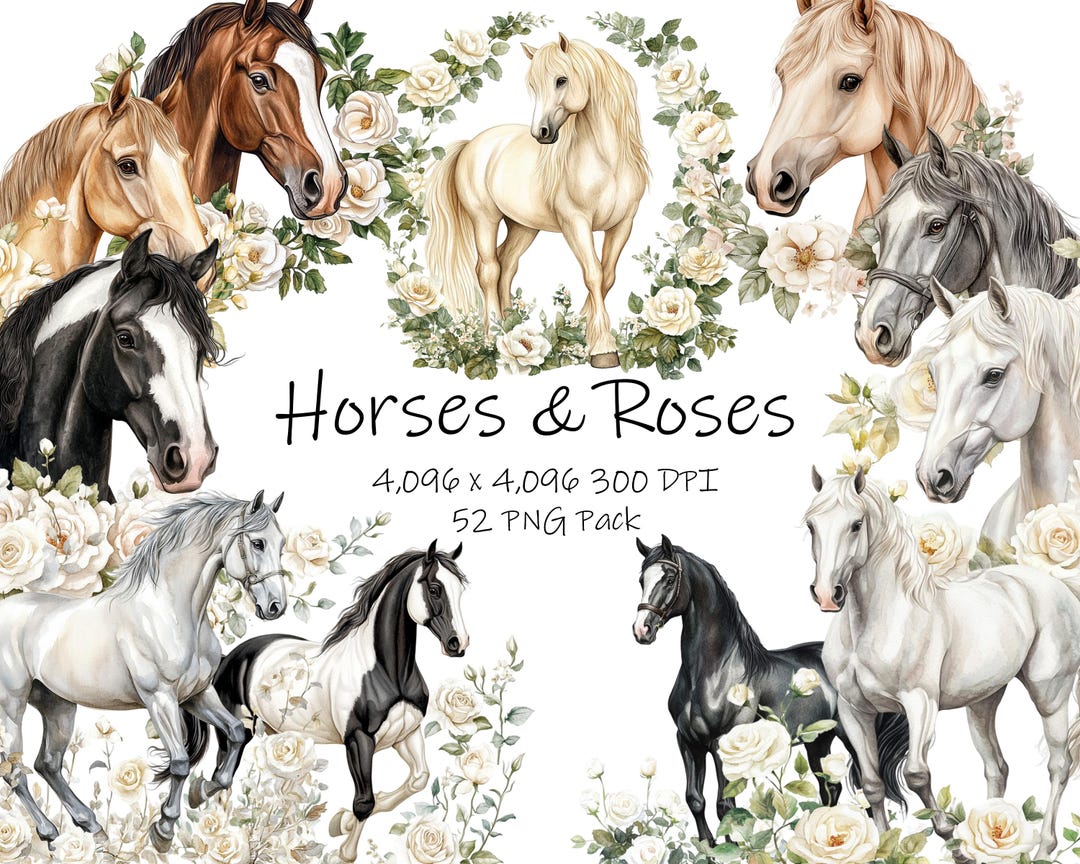 52 Floral Horses White Rose Flowers Animal Watercolor Clipart Printable ...