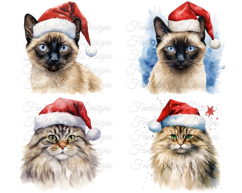 30 Christmas Cat Cute Watercolor Clipart Pack PNG Digital Download 300 ...