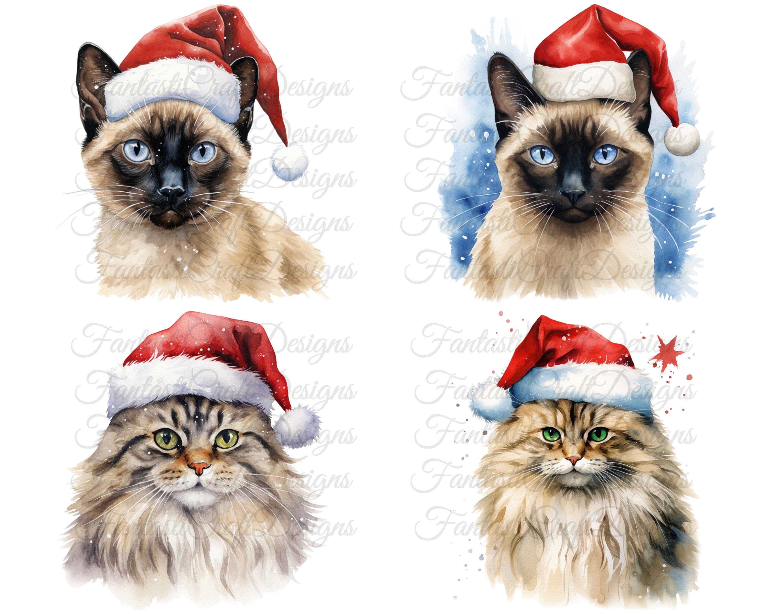 30 Christmas Cat Cute Watercolor Clipart Pack PNG Digital Download 300 ...