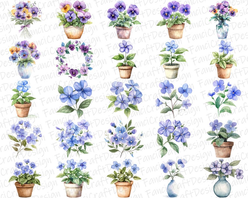 Purple Flowers 175 Floral Clipart Pack Watercolor Printable PNG Digital ...