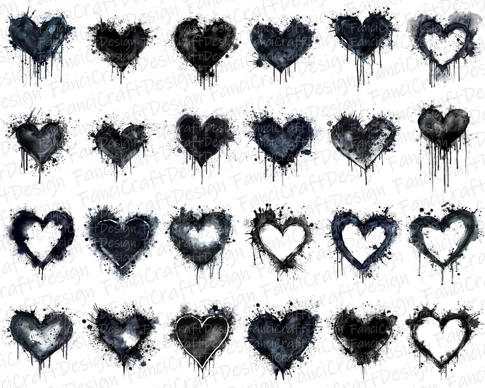 Black Hearts Paint Splatter Splash Watercolor Clipart Heart 24 Pack PNG ...