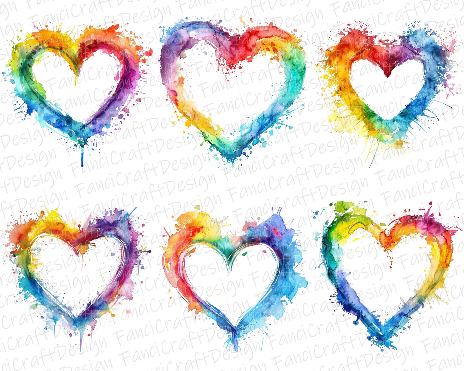 Rainbow Hearts Paint Splatter Splash Watercolor Clipart Heart Pack PNG ...