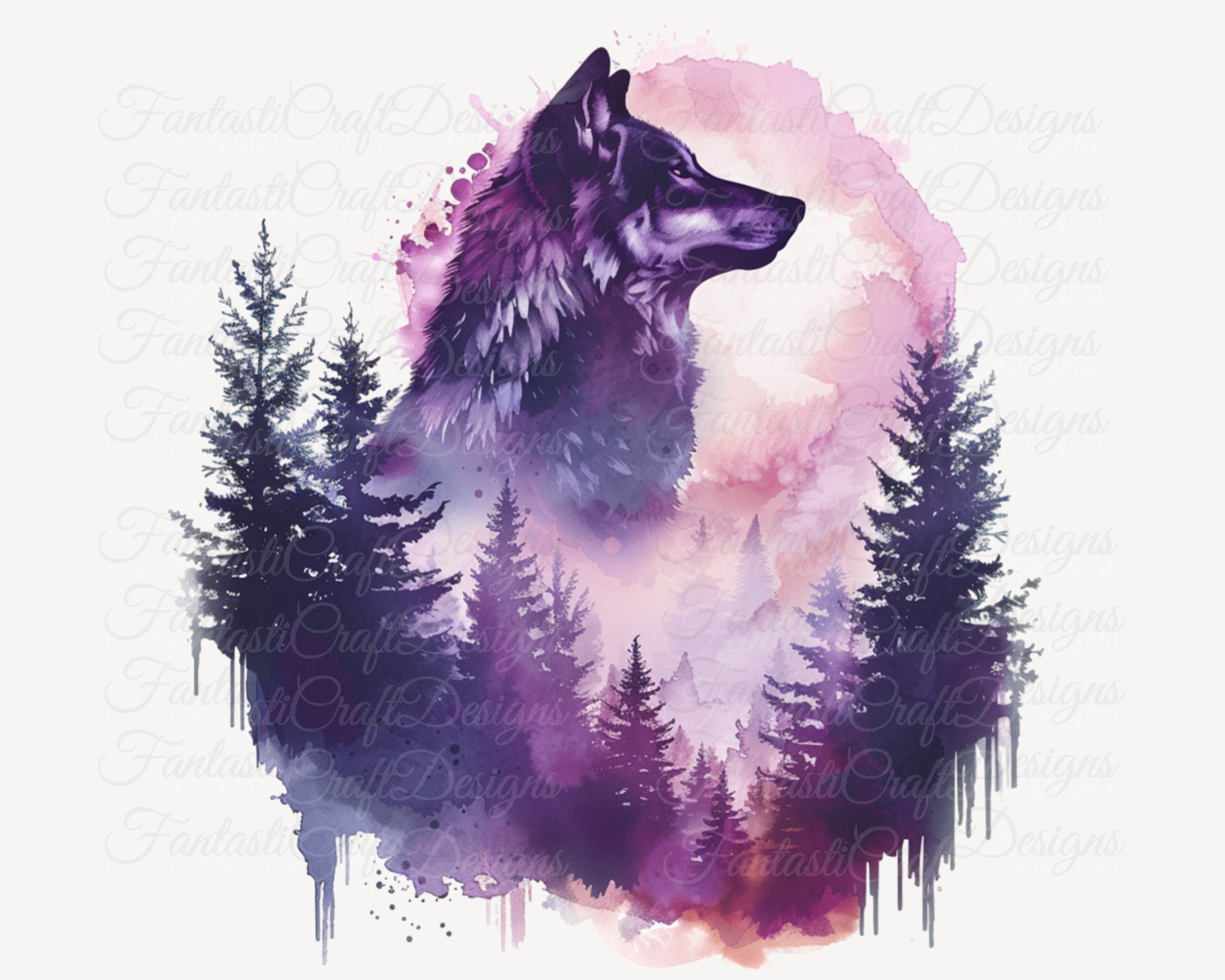 Wolf Purple Forest Animal Watercolor Moon Clipart Wolves 32 Pack PNG ...