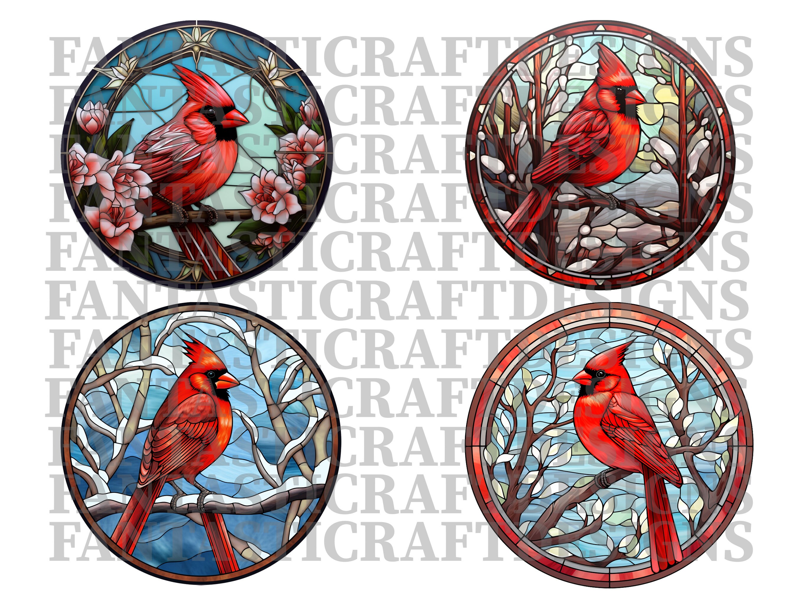 12 Stained Glass Cardinal Bird Pack Transparent Circle PNG Digital ...