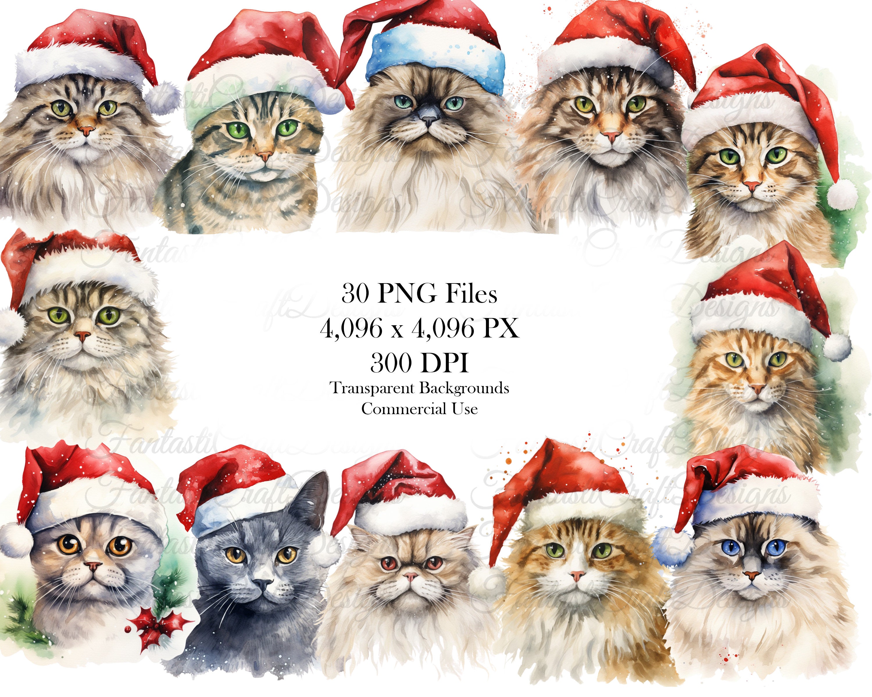 30 Christmas Cat Cute Watercolor Clipart Pack PNG Digital Download 300 ...