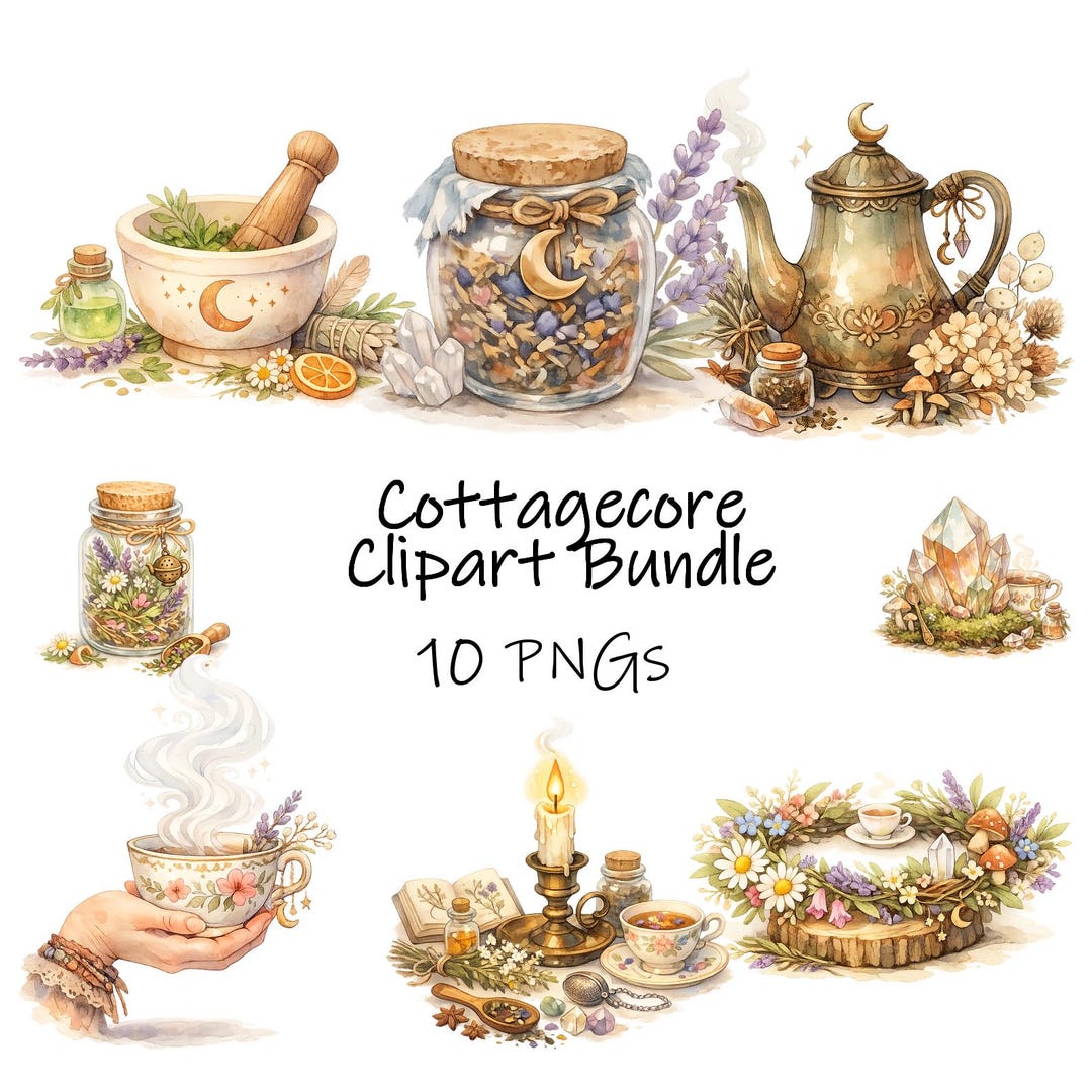Cottagecore Clipart Bundle for Tea Witch Journal | 10 PNG | Transparent ...