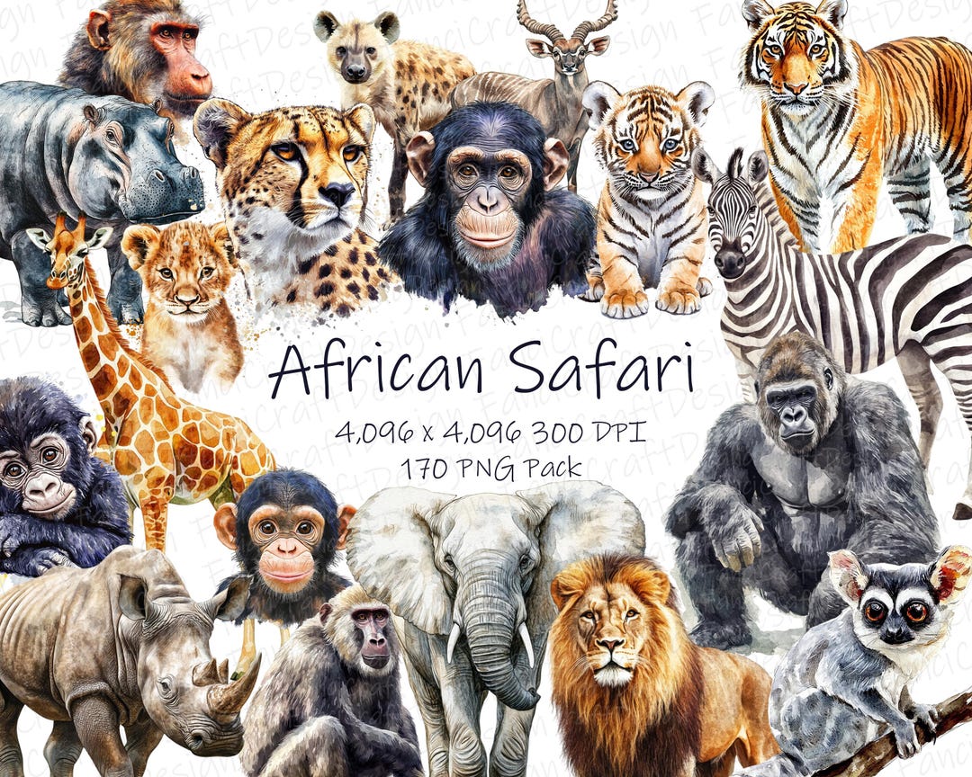 Safari African Animal Lion Tiger Monkey 172 Watercolor Style Clipart ...