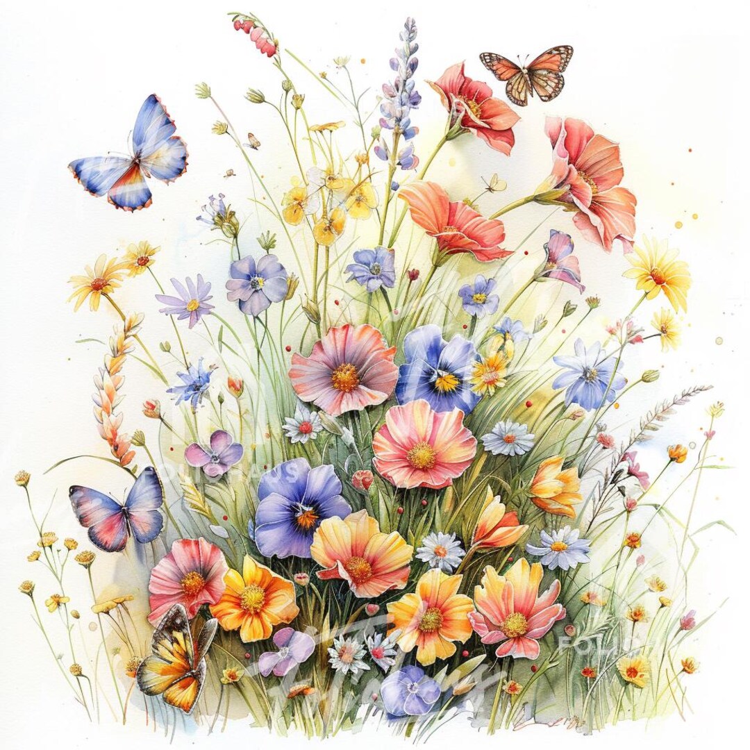 16 Botanical Florals Watercolor Clipart High Res PNG Flowerbed ...