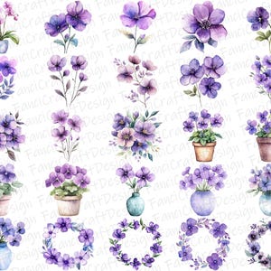 Purple Flowers 175 Floral Clipart Pack Watercolor Printable PNG Digital ...