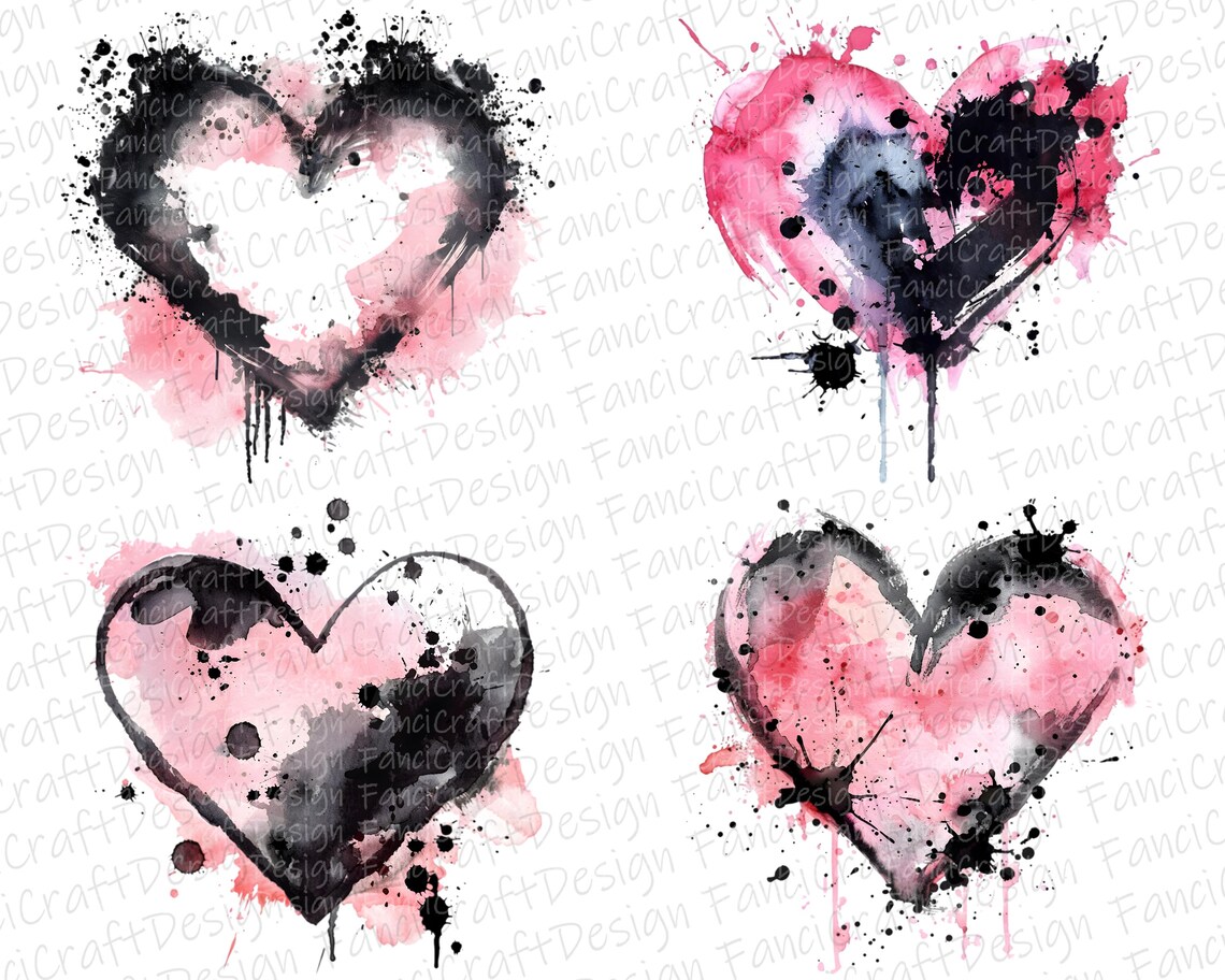 24 Pink Hearts Paint Splatter Splash Watercolor Clipart Heart Pack PNG ...