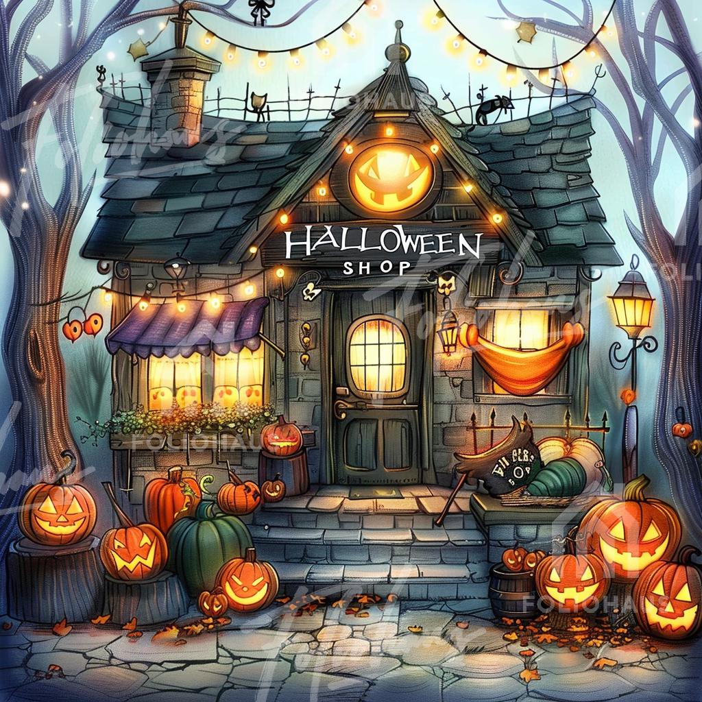 Halloween Shop Clip Art (10) – Watercolor Storefronts, High-res JPG ...