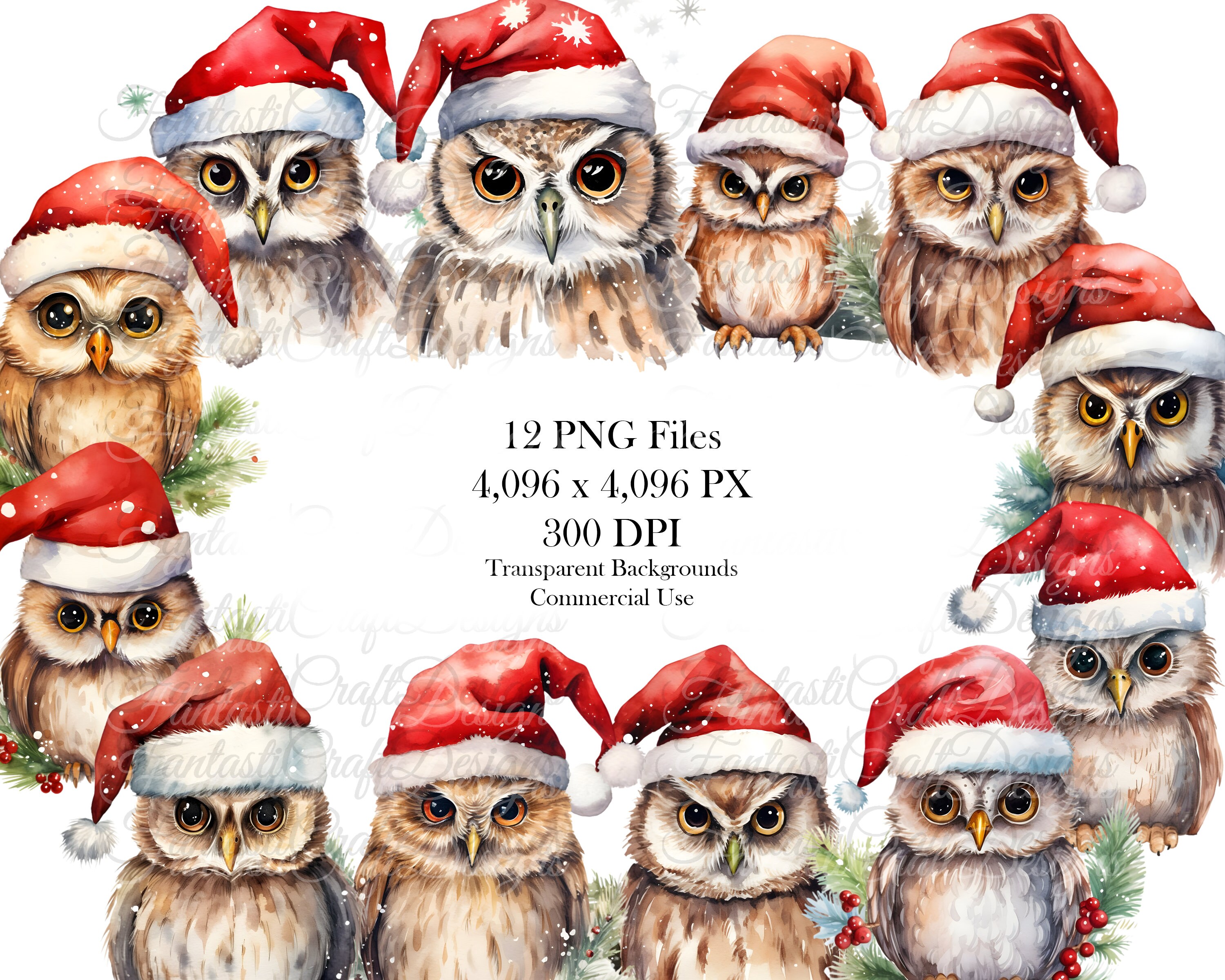 12 Owl Christmas Watercolor Clipart Pack PNG Digital Download - Etsy
