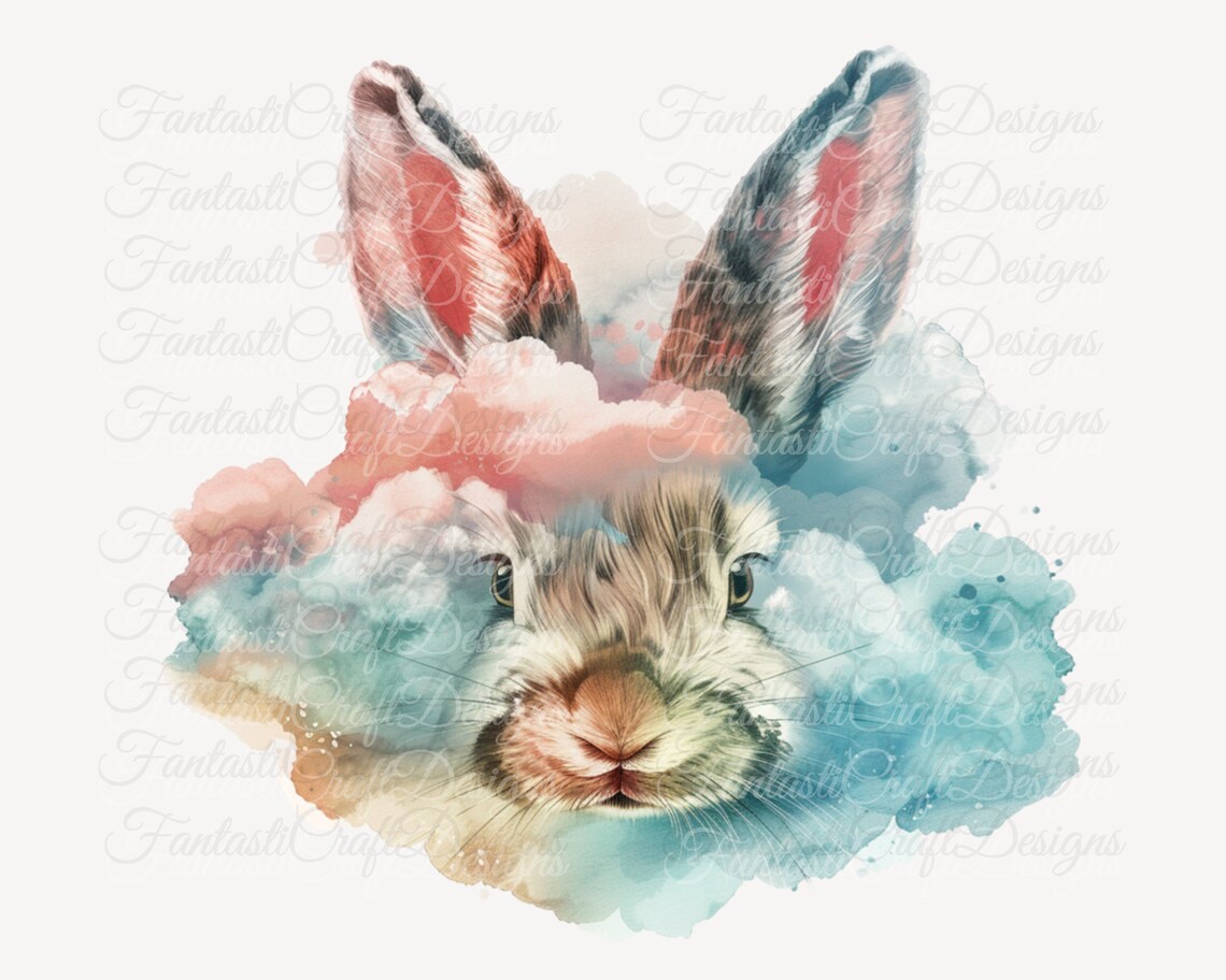 Rabbit Clouds Sky Animal Cute Bunny Watercolor Clipart 18 Pack JPG PNG ...