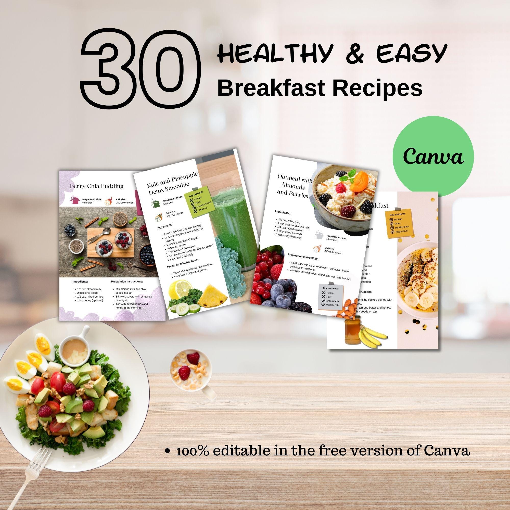 30 Healthy & Easy Breakfast Recipes | Printable Canva Recipe Book ...