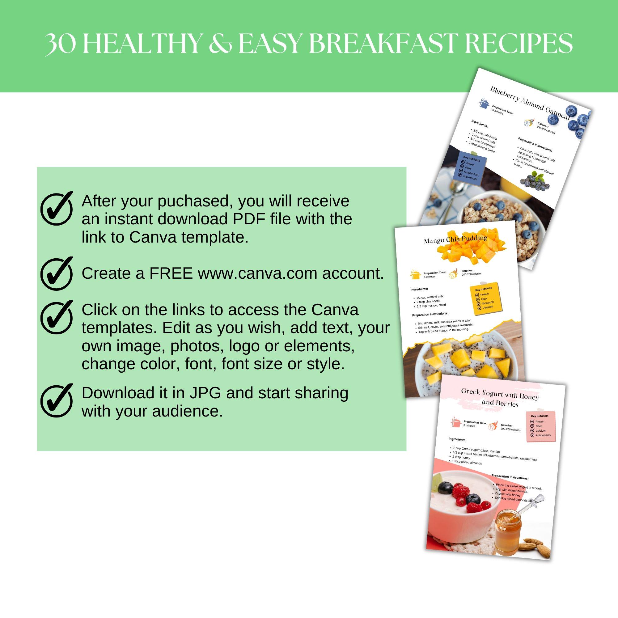 30 Healthy & Easy Breakfast Recipes| Customizable Canva Templates ...