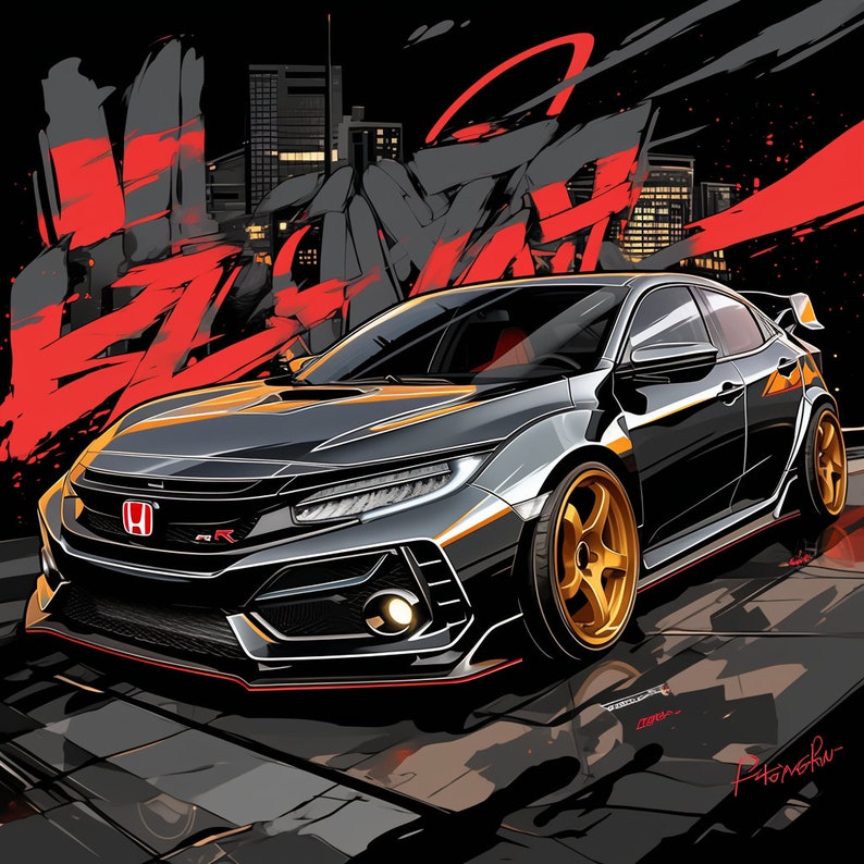 Honda Civic Type R Sport Modified JDM Drifter Sports Car Art Poster Background Wallpaper ...
