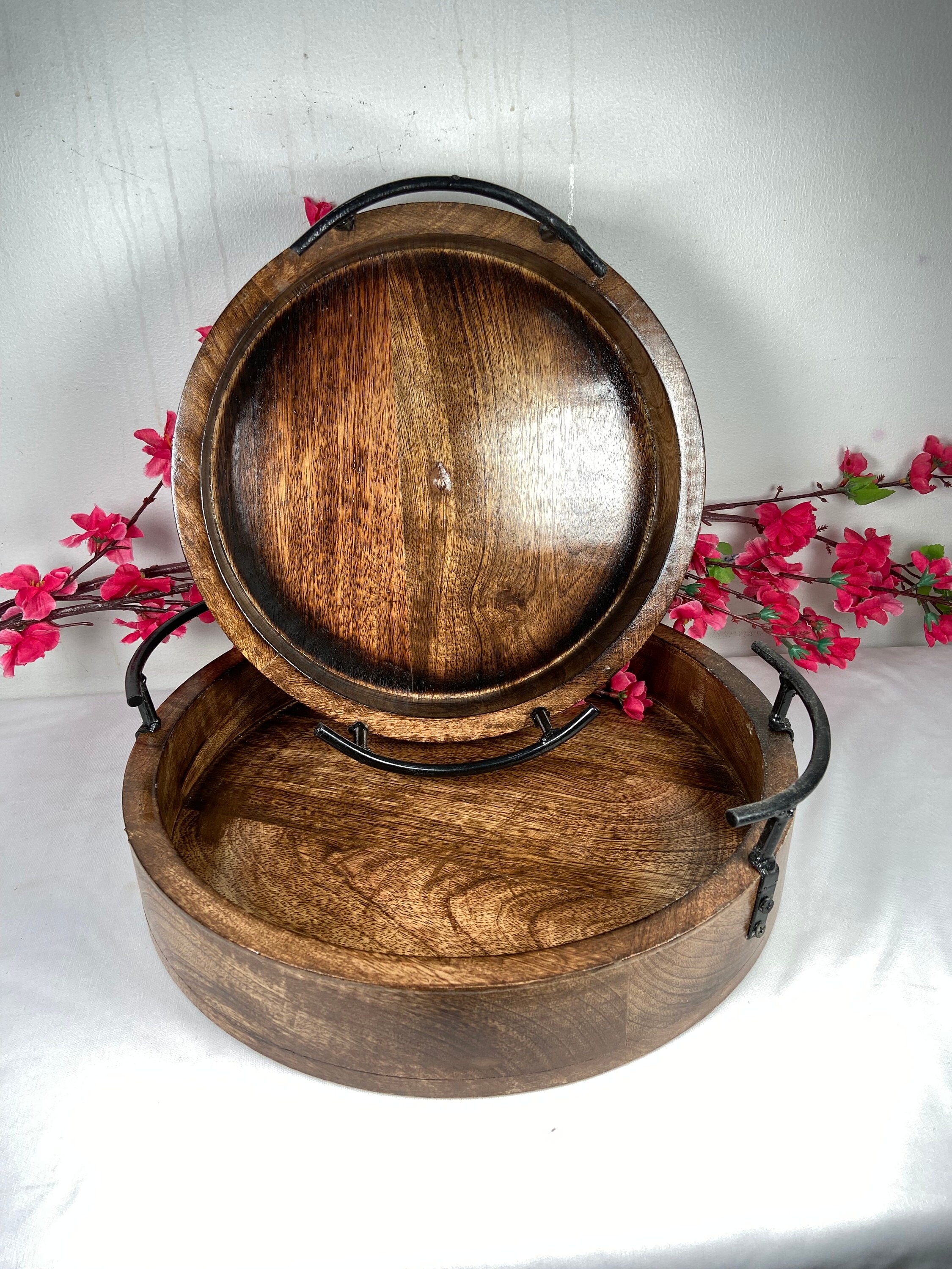 Handcrafted Wooden Rustic Tray Set of 2 With Metal Handle Serving ...