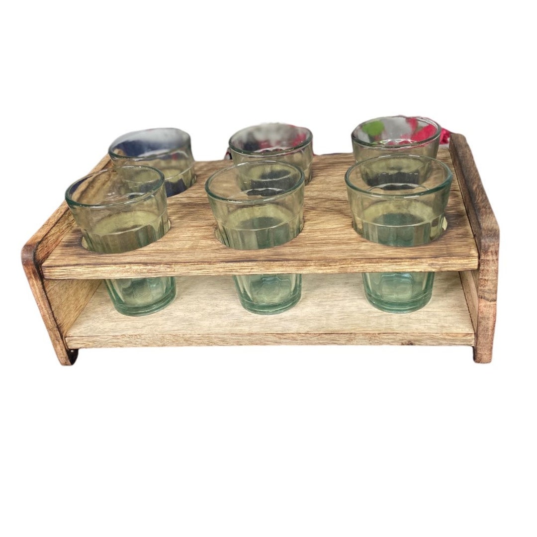 Vintage Indian Tea Glasses Set of 6 With Wooden Stand Tapri Style ...